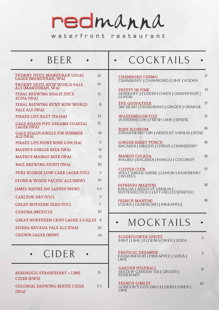 Beer and Drinks at Redmanna Waterfront Restaurant in Mandurah