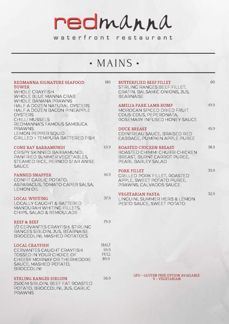 Our Main Menu - Redmanna Waterfront Restaurant Mandurah